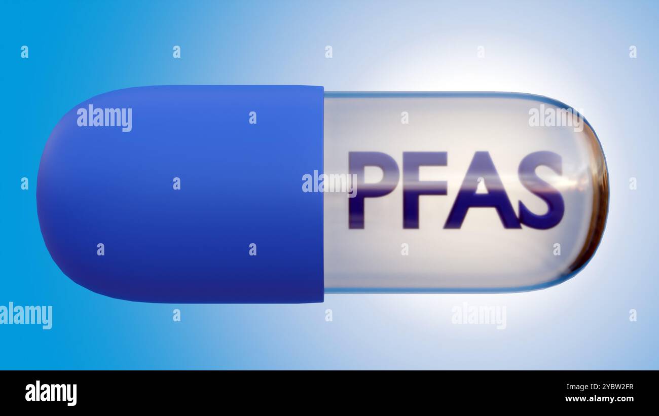 3d rendering of capsule pill with the letters "PFAS". Perfluorooctane ...