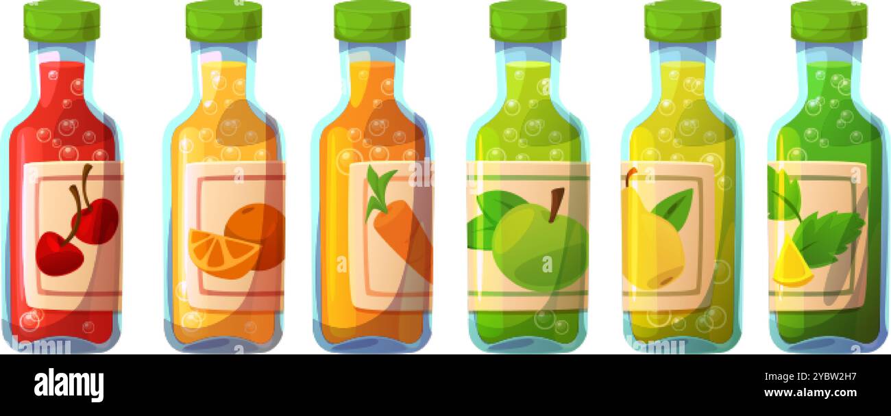 Fruit, berry and vegetable carbonated soda in glass or plastic bottle ...