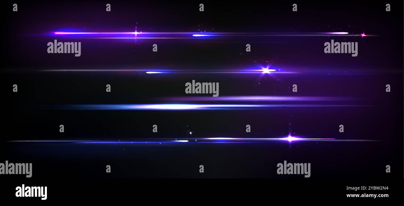 Blue and purple line with light flare on black background. Bright with ...