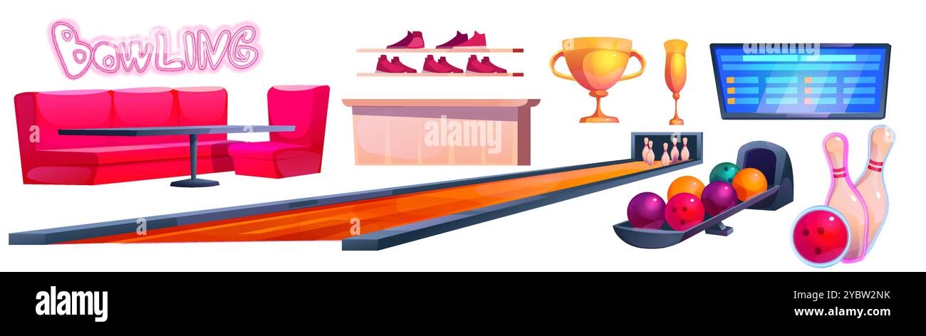 Bowling club interior elements. Cartoon vector set of indoor game and ...