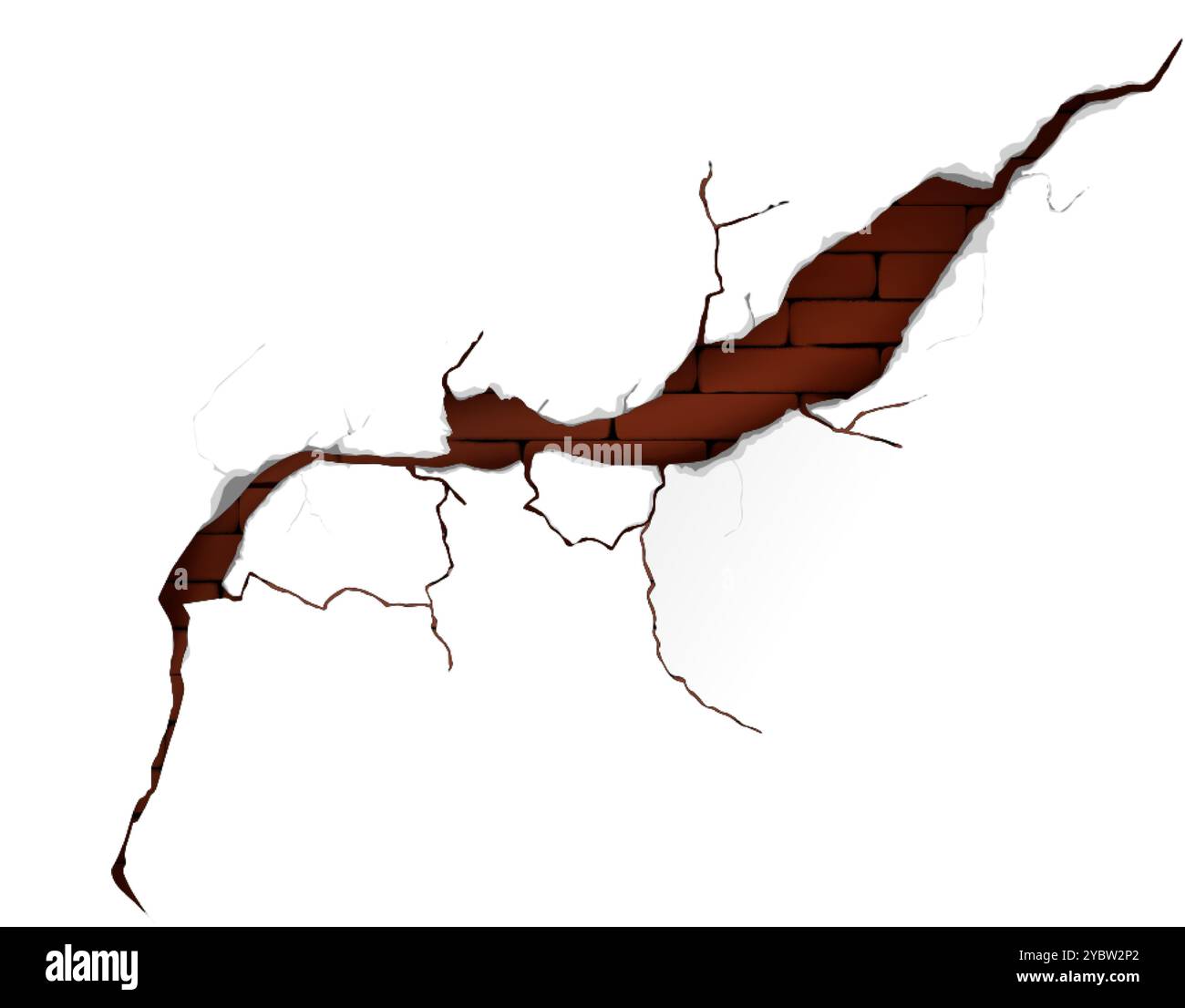 Broken concrete or painted white wall with red brick surface behind ...