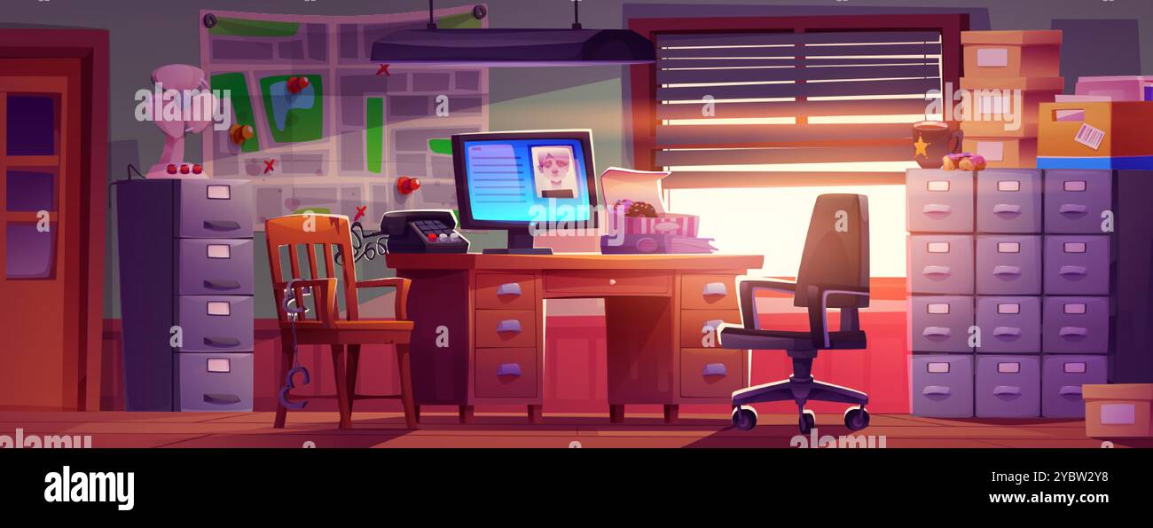 Detective office room with desk. Police station interior with crime ...