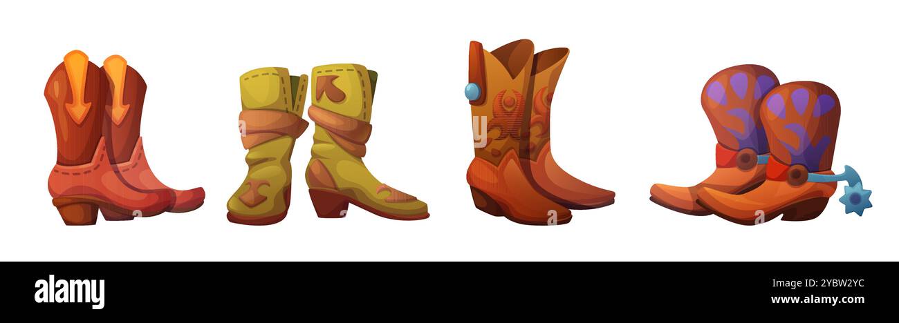 Western country traditional cowboy boot pairs. Cartoon vector ...