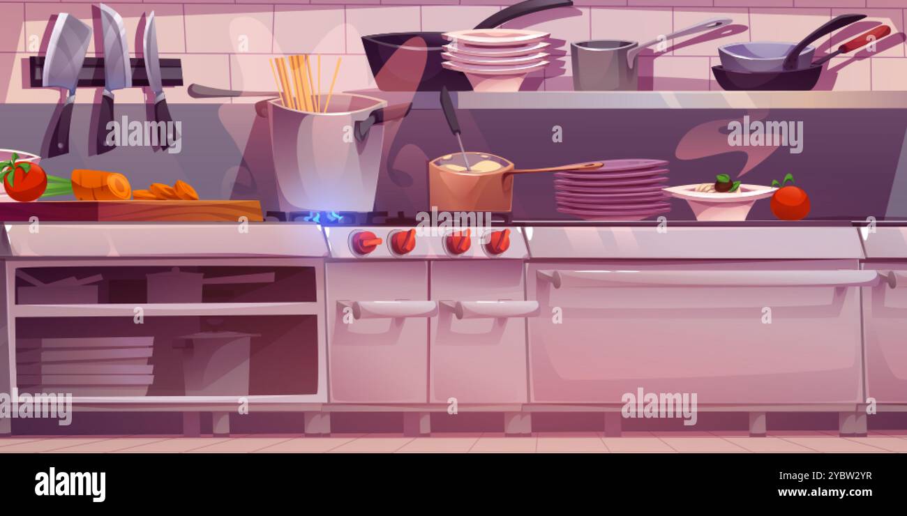 Restaurant kitchen interior. Vector cartoon illustration of room with ...