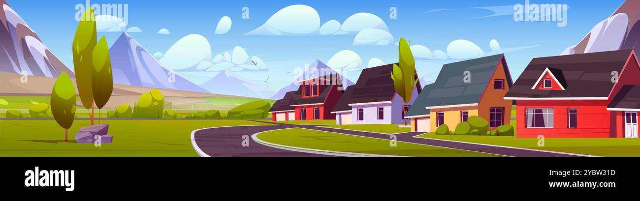 Suburban or village street with road and yards, rocky mountains and ...