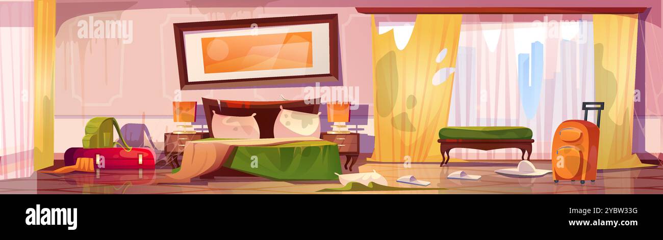Dirty hotel bedroom with dusty furniture. Vector cartoon illustration ...