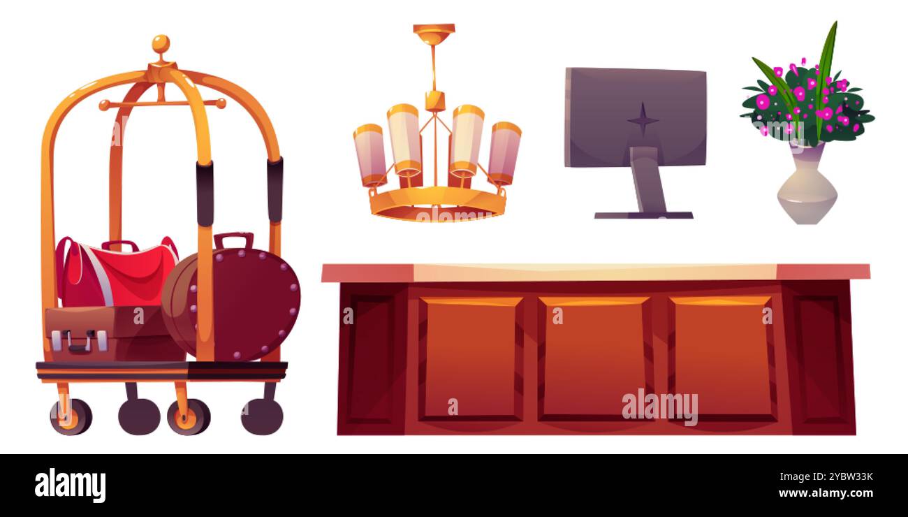 Hotel lobby interior with reception desk and chandelier cartoon set ...