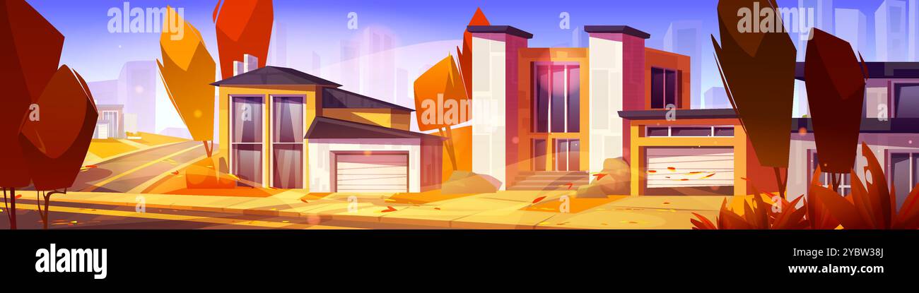 Suburban town street in autumn. Vector cartoon illustration of modern ...