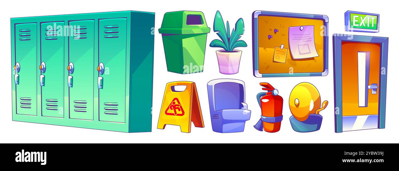 School corridor design elements set isolated on white background ...