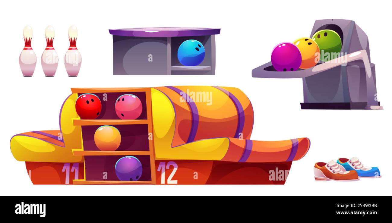 Bowling club interior equipment - player shoes and pins, yellow sofa ...