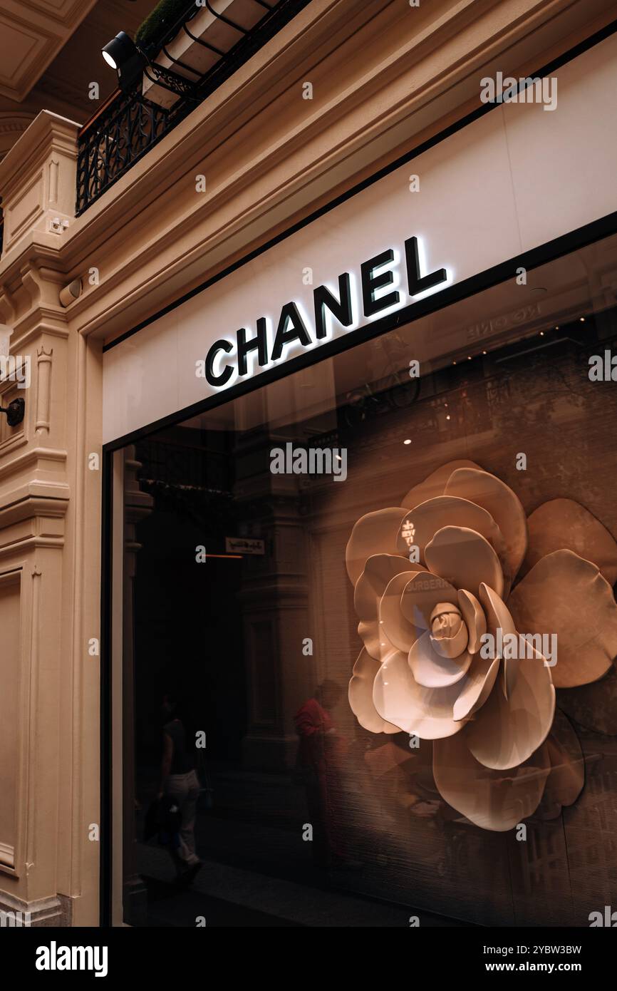Luxury french famous golden black Chanel logo and entrance, boutique ...