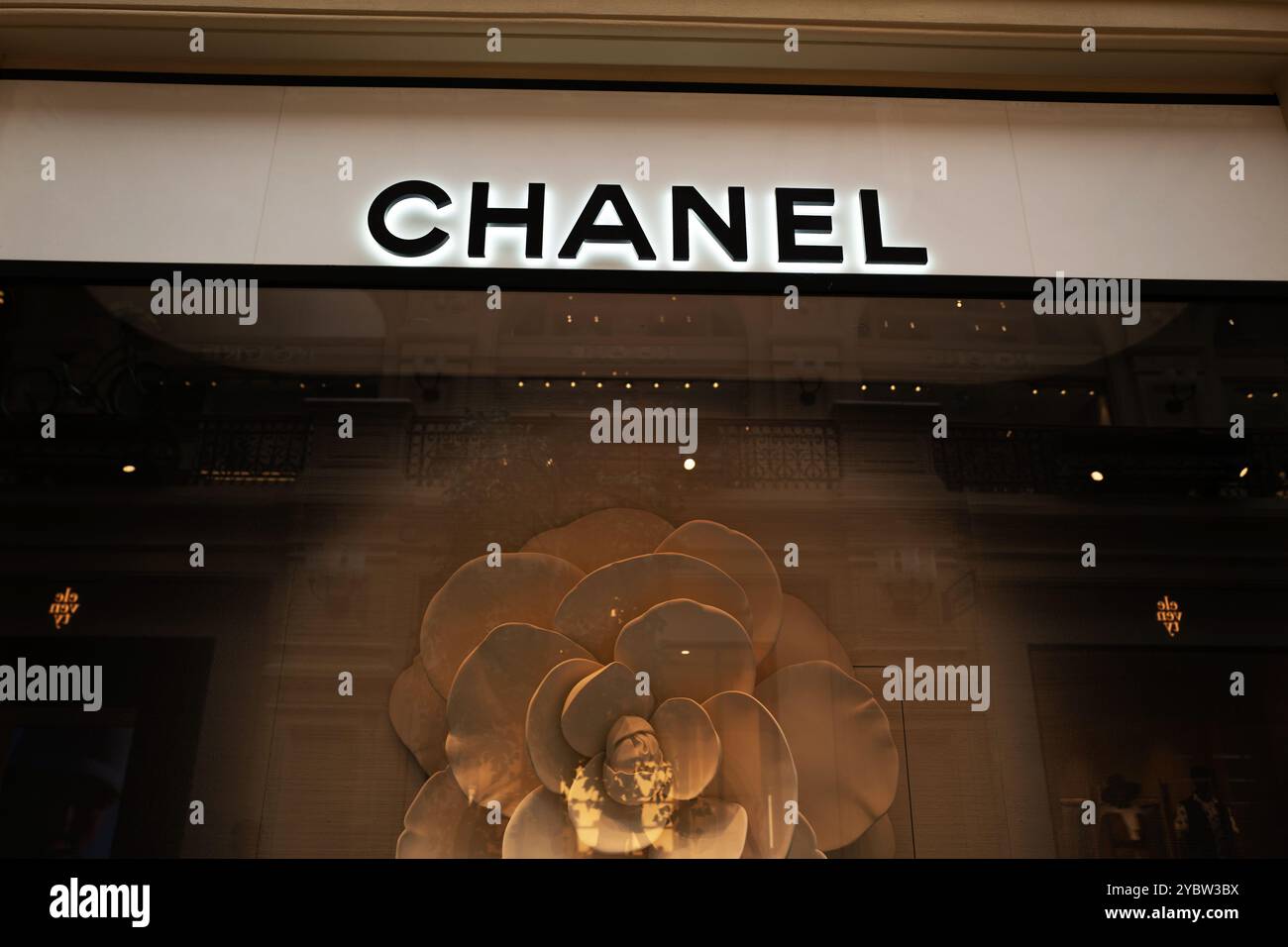 Luxury french famous golden black Chanel logo and entrance, boutique ...