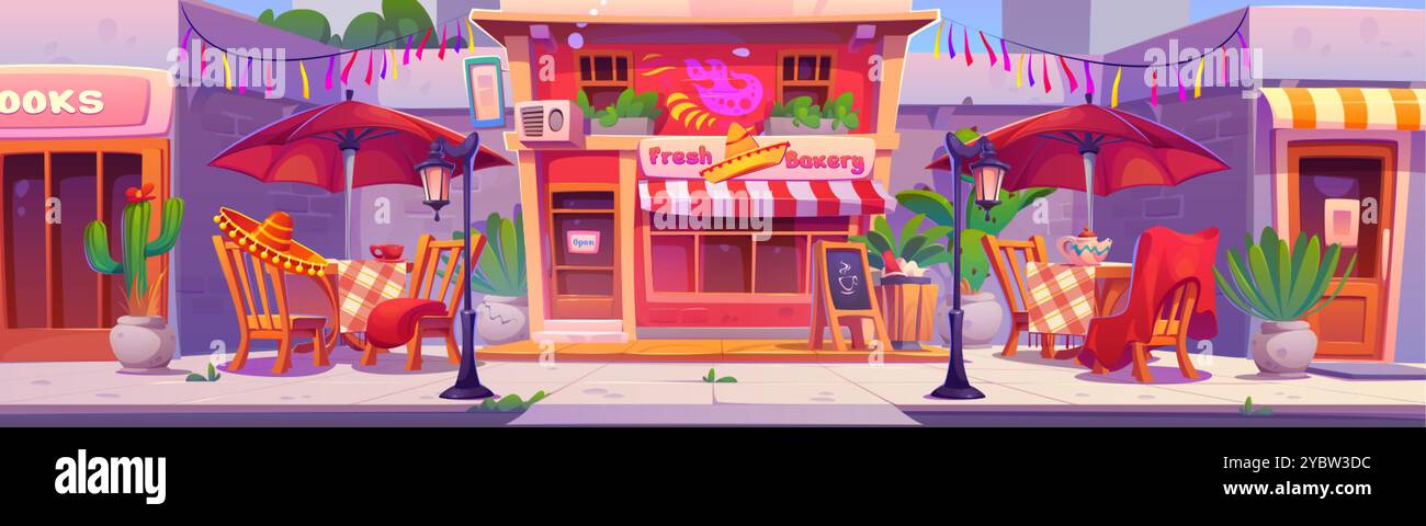 Mexican street cafe. Vector cartoon illustration of traditional cuisine ...