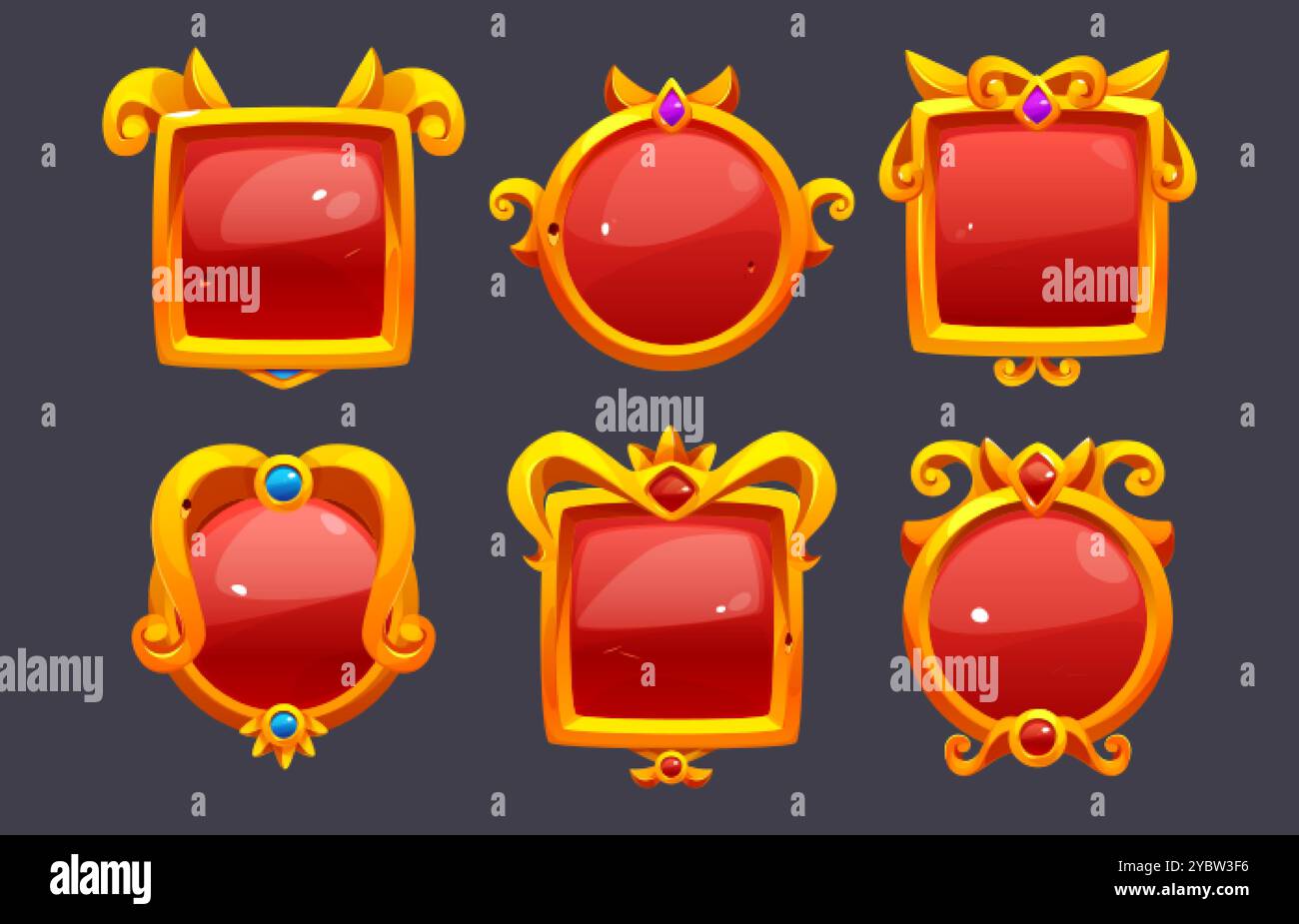 Golden fantasy medieval frame with gem stones and red background for ...