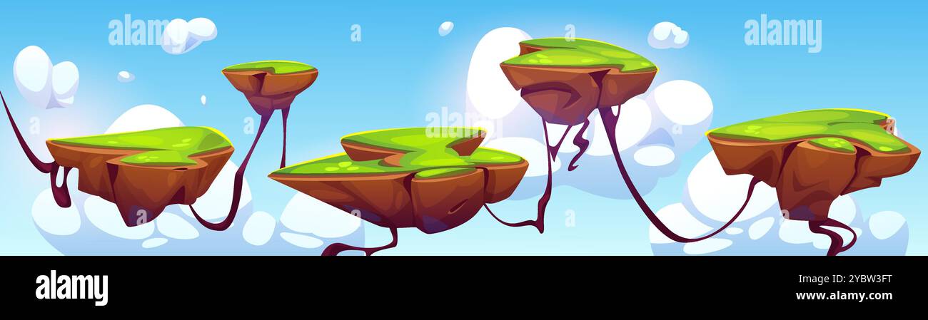 Arcade game level landscape with flying island platform for jump ...