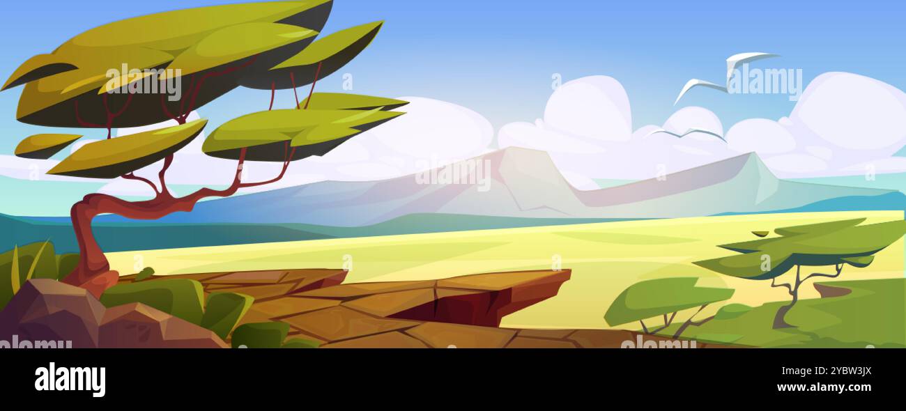 African savannah landscape with green grassland, trees and bushes, rock ...