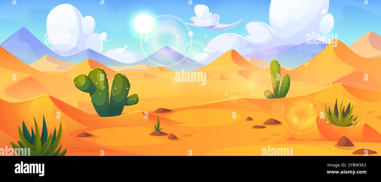Arabian or Egyptian desert landscape with sand dunes, green cactus and ...