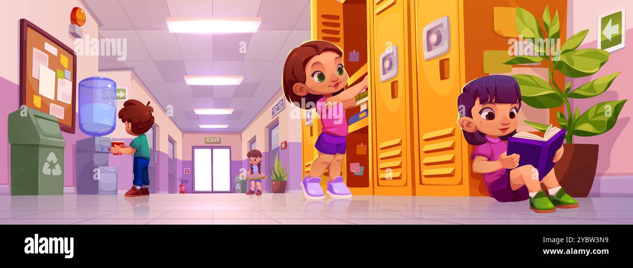 Kids in school corridor during break reading books and putting things ...