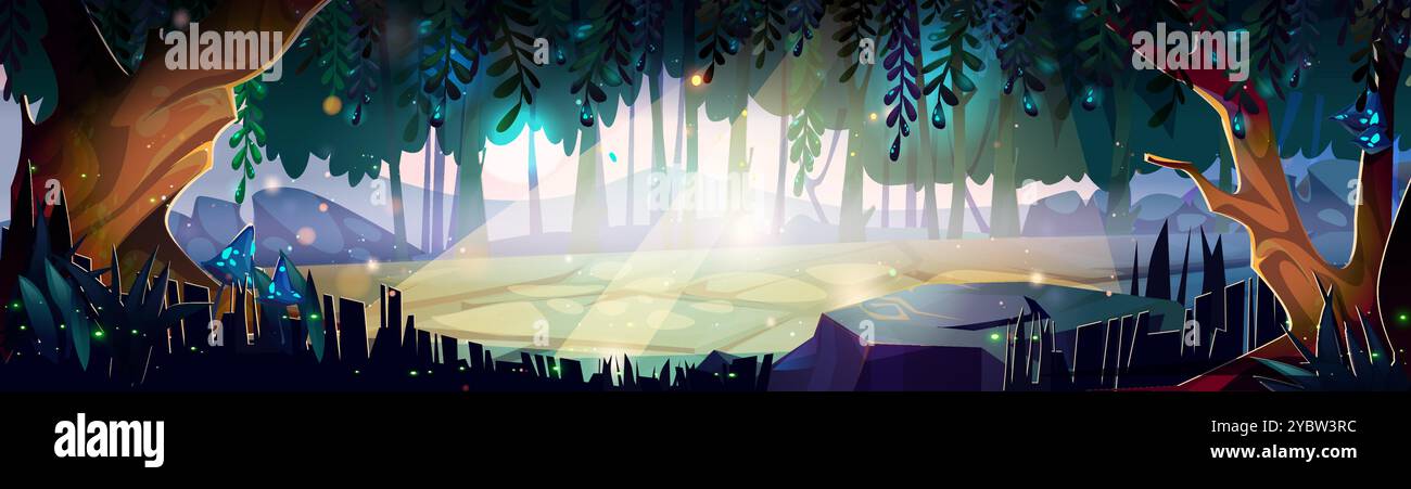 Magic forest with fantasy meadow landscape cartoon. Cute enchanted ...