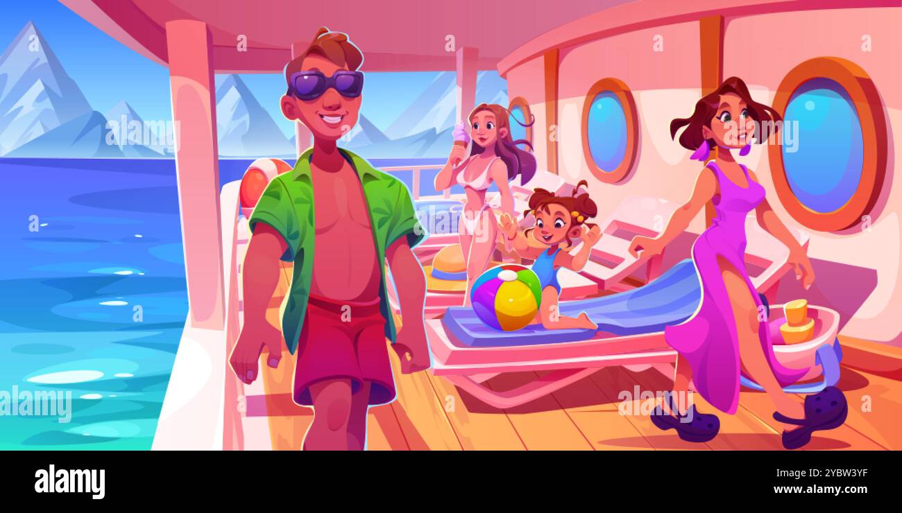 Tourists having rest on cruise ship. Vector cartoon illustration of man ...