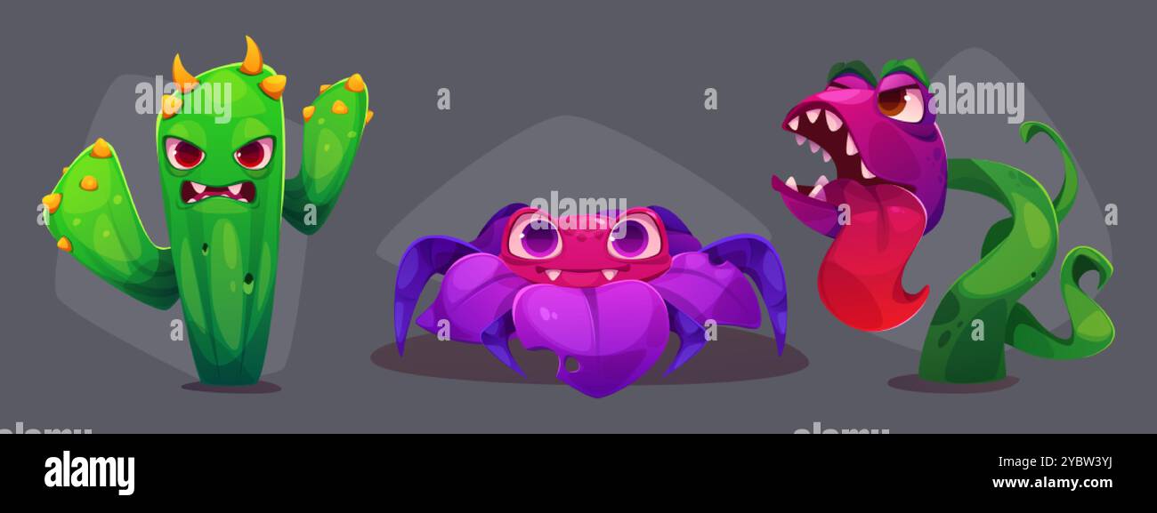 Scary monster plants and flowers with creepy faces, mouths and teeth. Cartoon vector ...