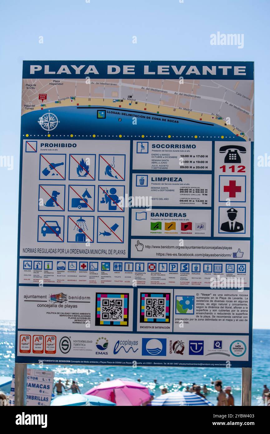 Information sign for the Levante beach in Benidorm on the Costa Blanca ...