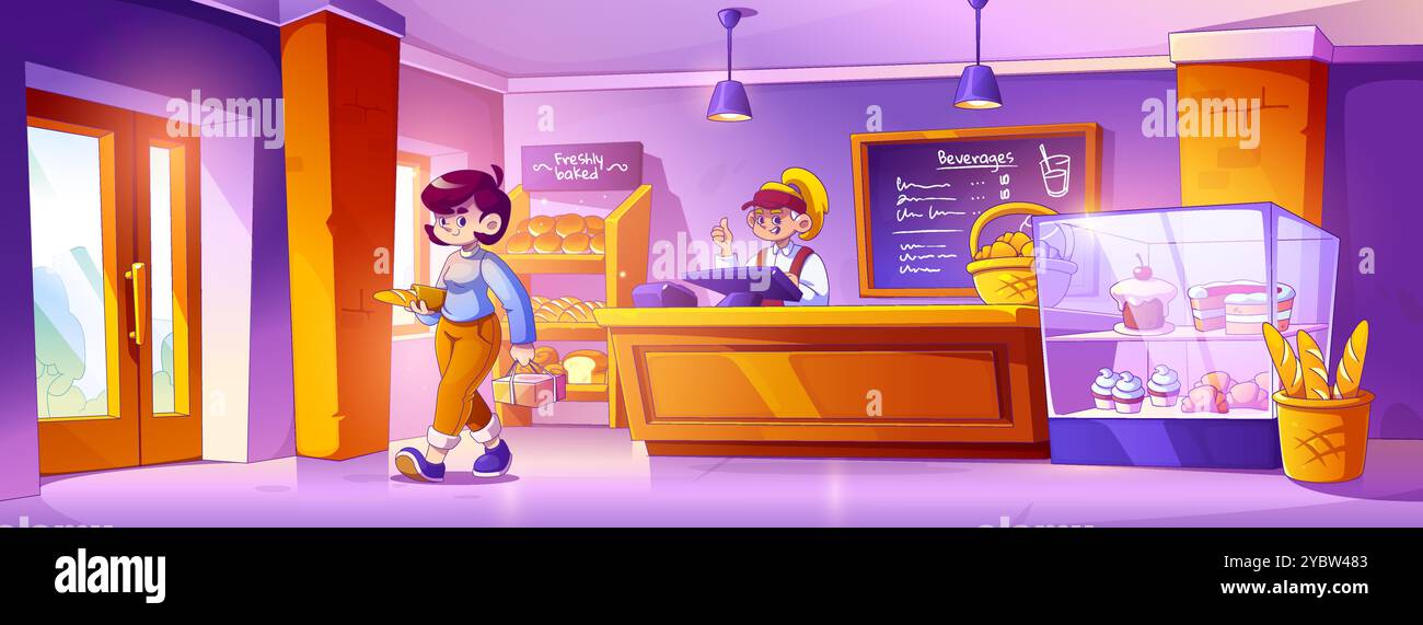 Bakery shop interior with woman buyer and cashier. Cartoon vector of ...
