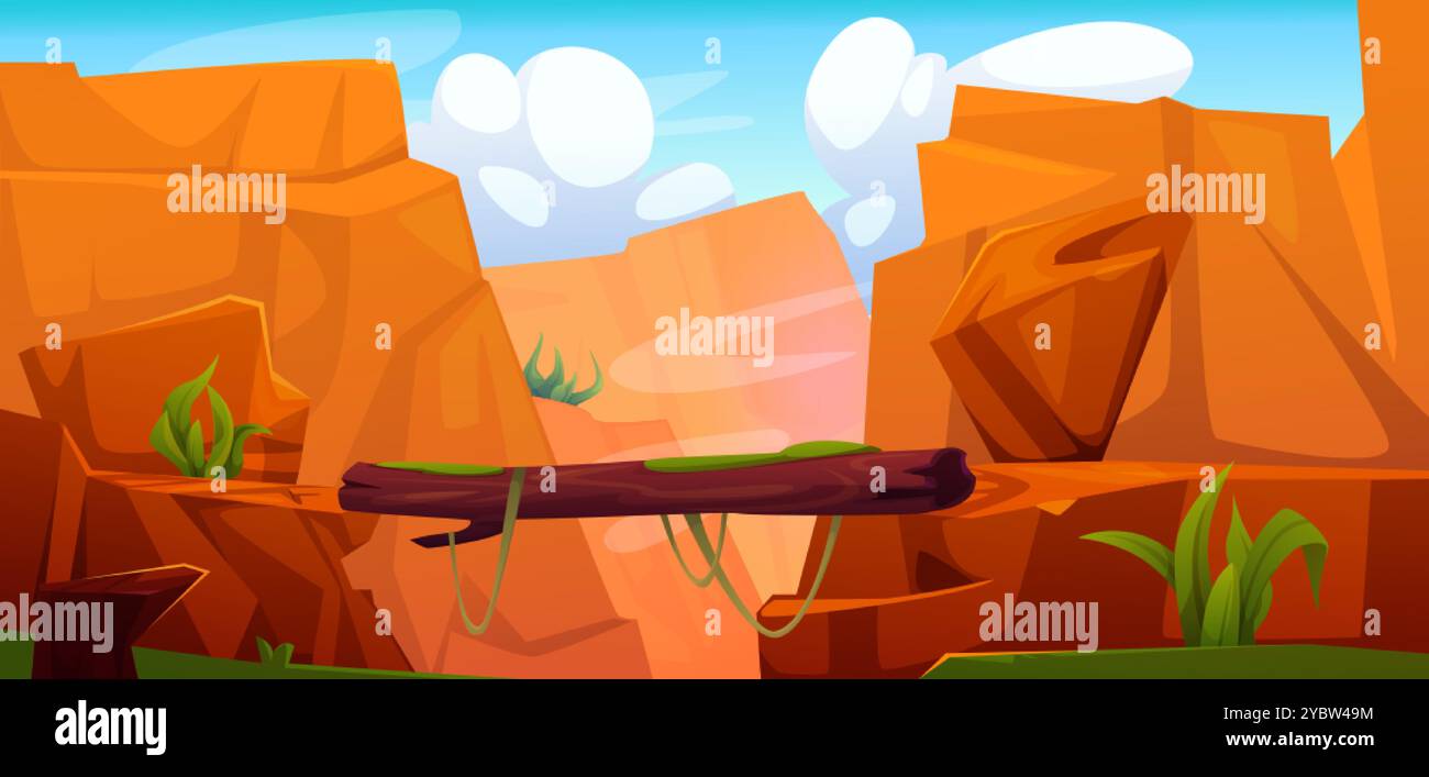 Wood log bridge on mountain cliff suspension edges over chasm in desert ...