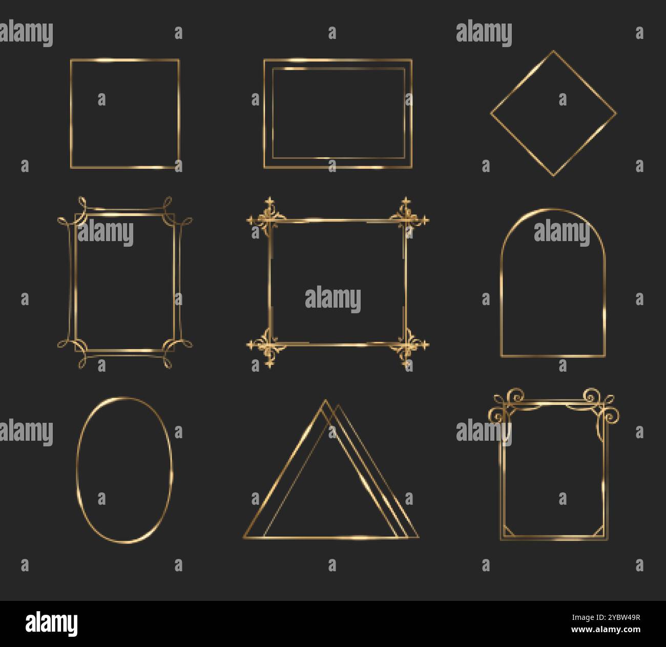 Gold thin frames simple and with ornament. Realistic vector ...