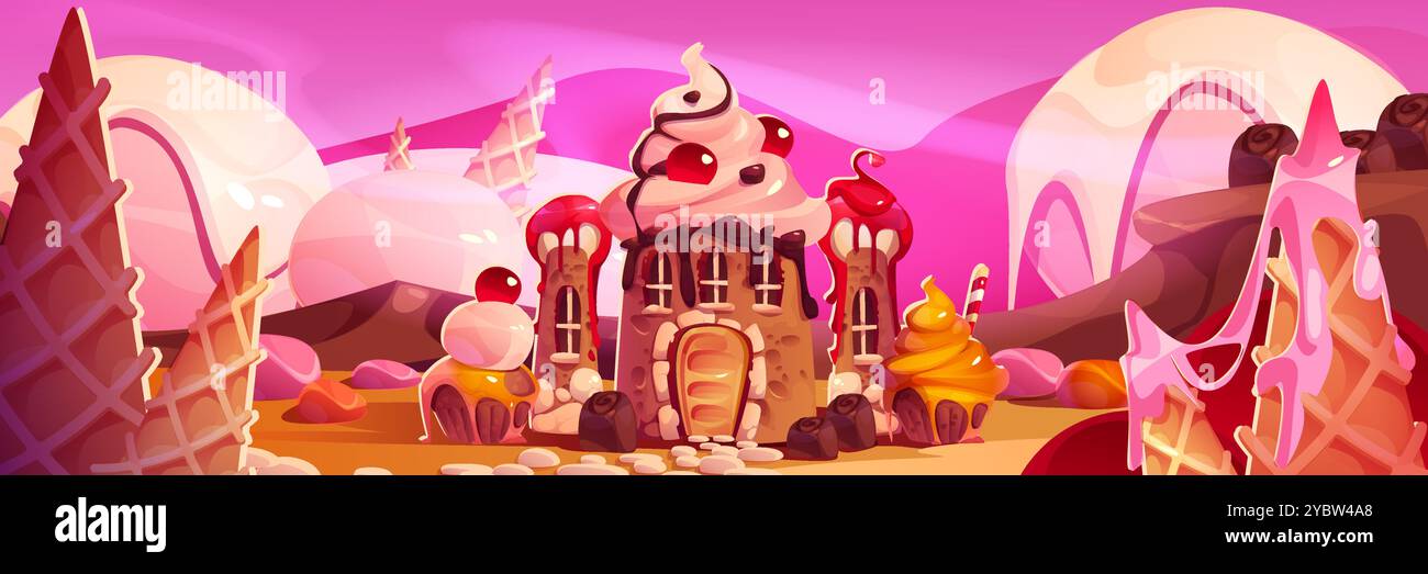 Fantasy candy land castle landscape for game. Sweet confectionery ...