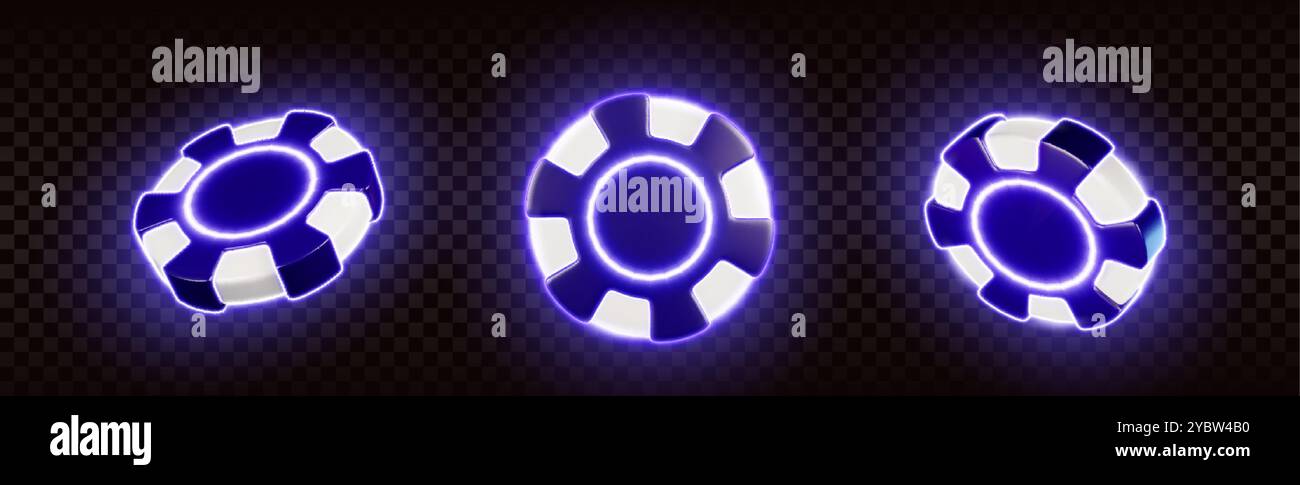 Flying casino chips with blue neon light glow effect on dark ...