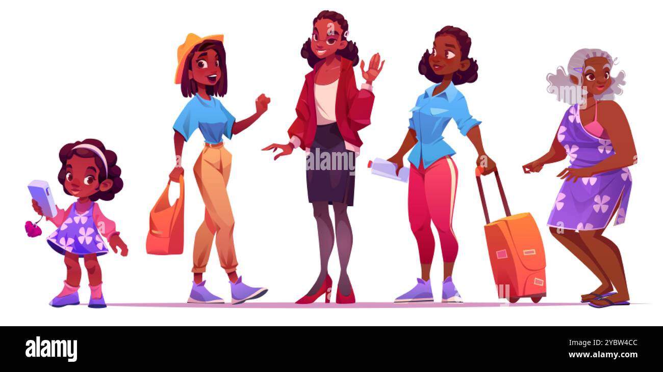 Life cycle stages of african woman from toddler child to senior. Human ...