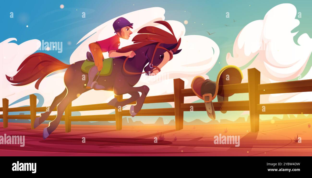 Equestrian sport training - cartoon vector horseman running gallop on ...