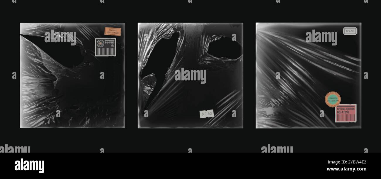 Torn vinyl cd album cover overlay for music record on black background ...