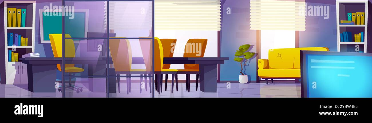Modern office interior with boss room behind glass wall. Cartoon vector ...