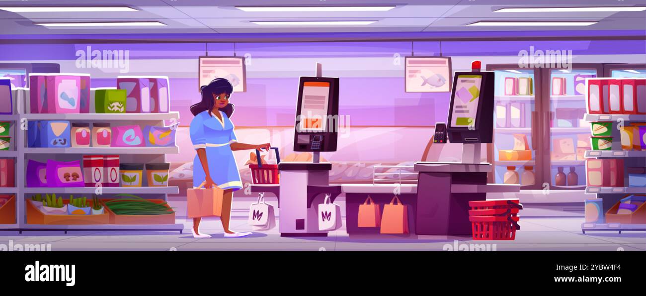 Woman shopping in supermarket. Vector cartoon illustration of female ...