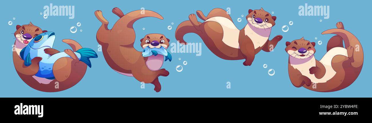 Cute otter character underwater sea illustration. Funny and happy ...