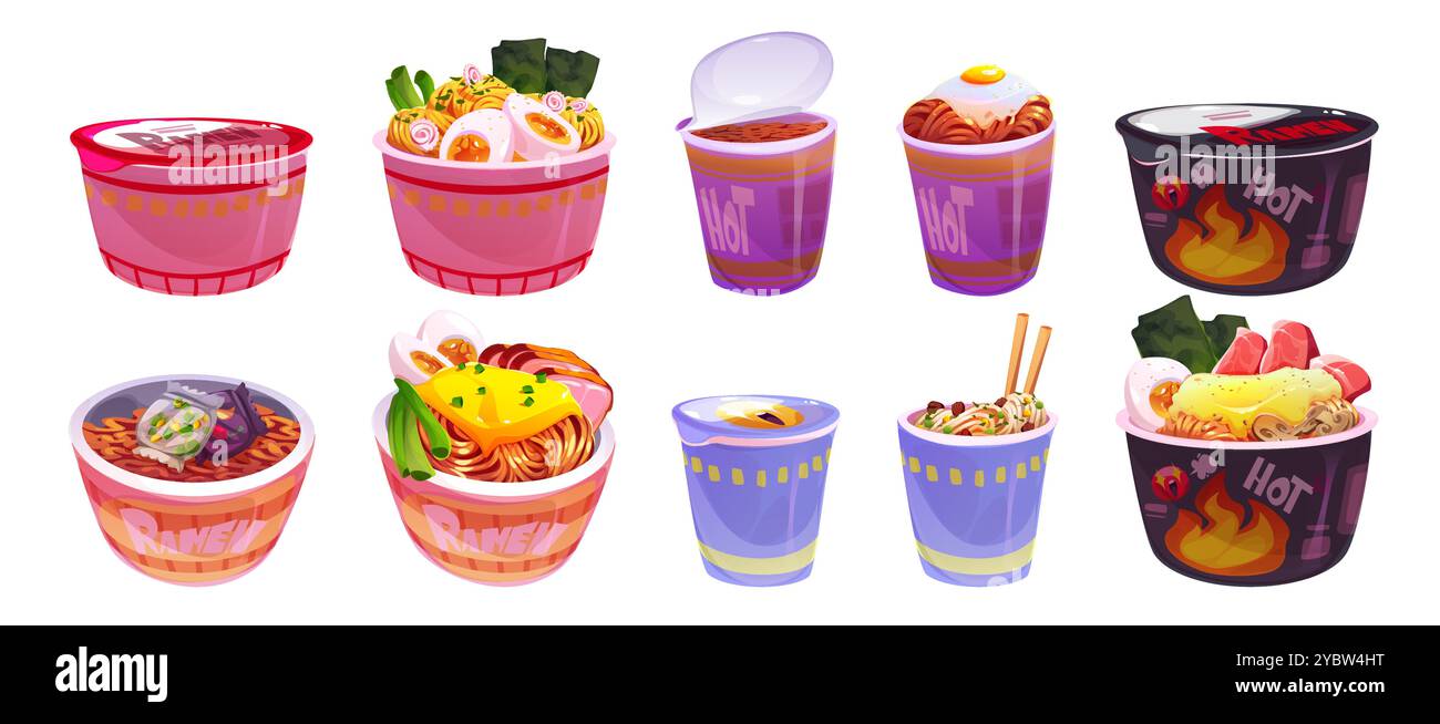 Instant noodle in closed and open paper cup, raw and ready to eat with ...