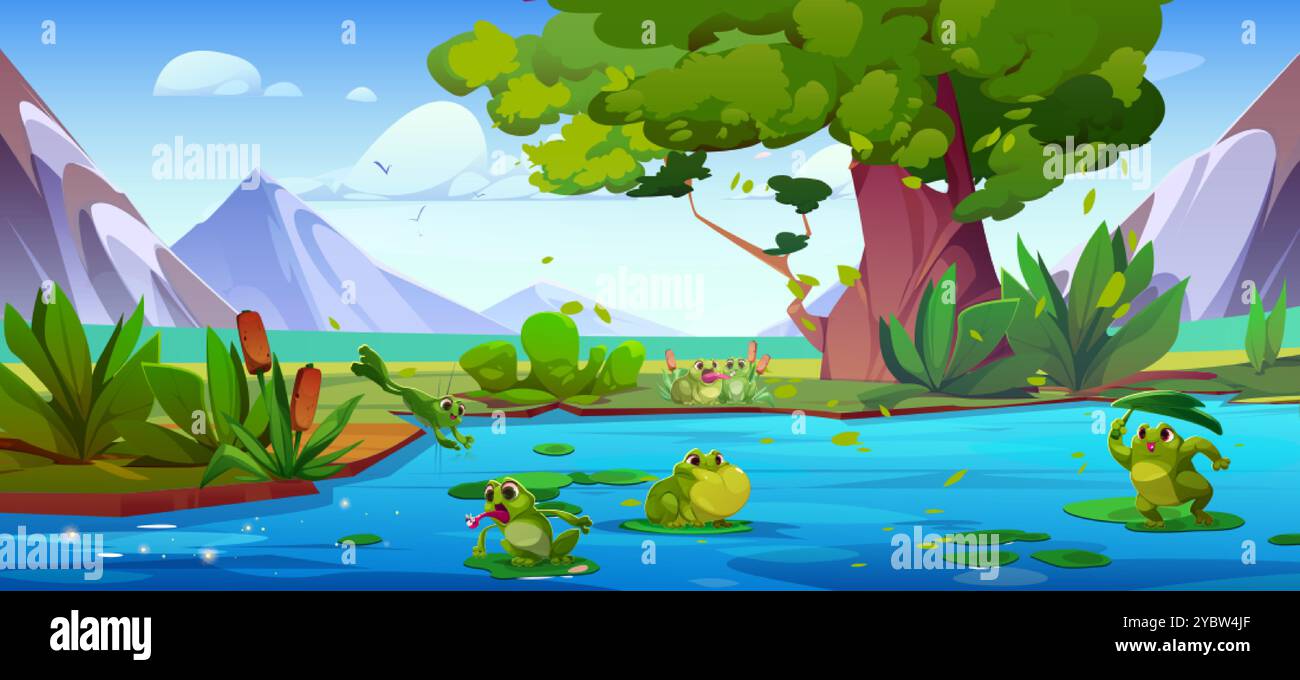 Cute green frog on pond or river with tree on shore and mountain on ...