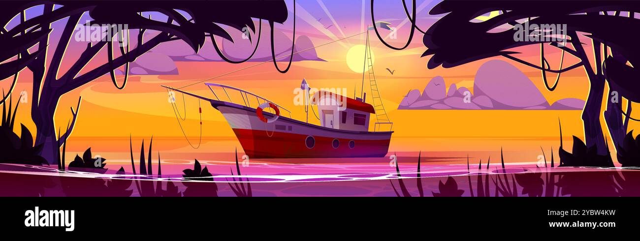 Fishing boat on lake at sunrise. Vector cartoon illustration of motor ...