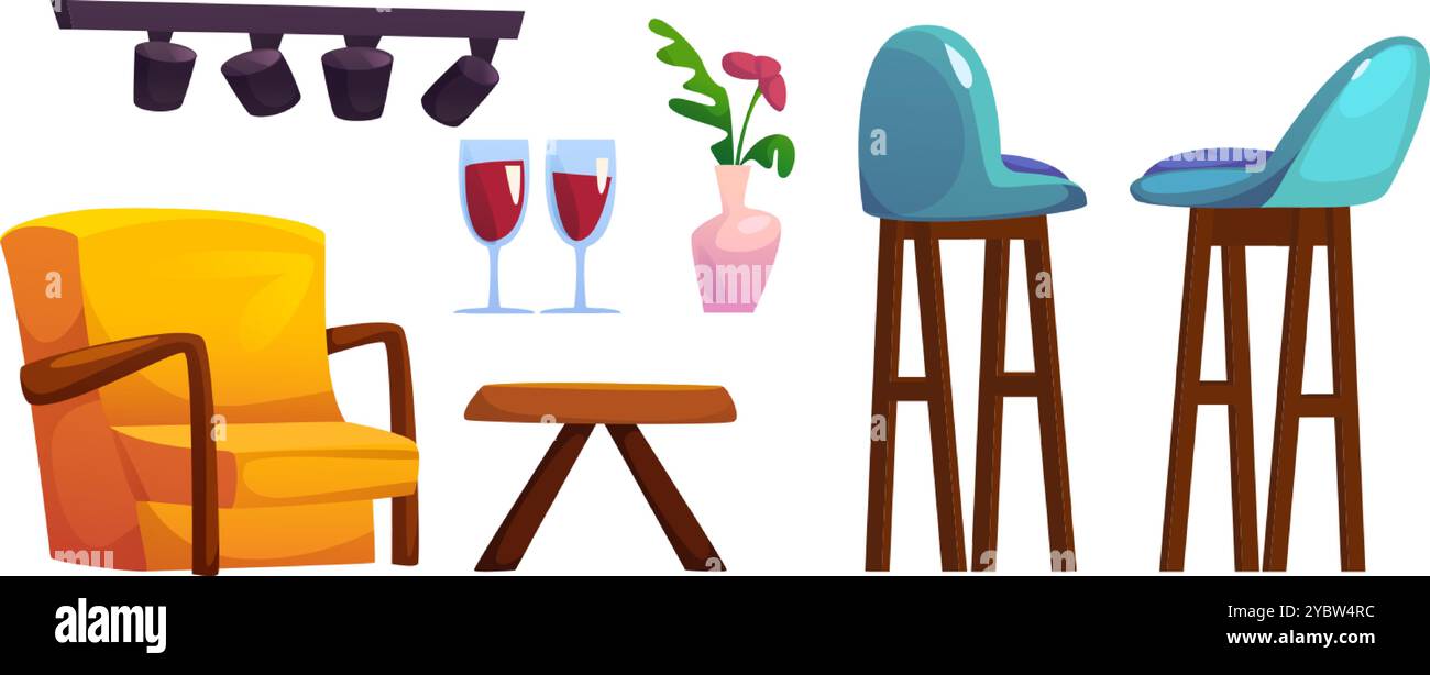Cafe or coffee shop interior furniture and elements. Cartoon vector set ...
