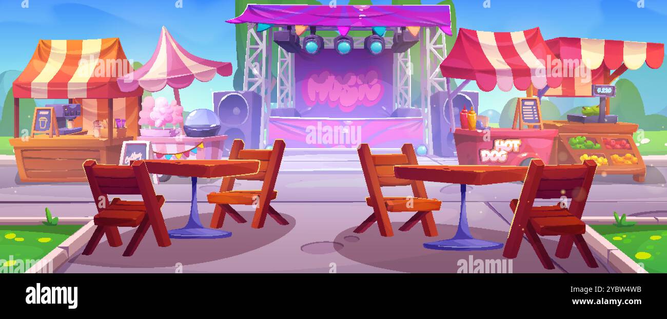 Open air music festival in city park with fun fair fast food stalls and ...