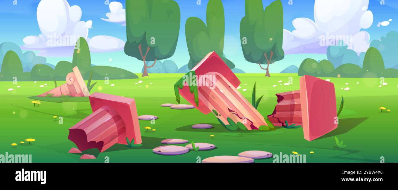 Greek column ruins. Broken ancient pillar vector landscape. Grass ...