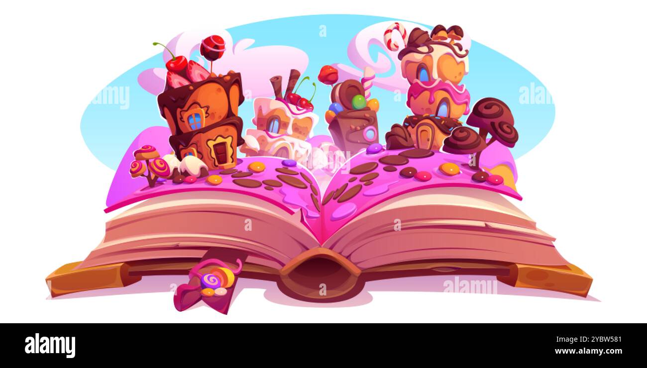 Open paper book with illustration of tale about magic candy land with ...