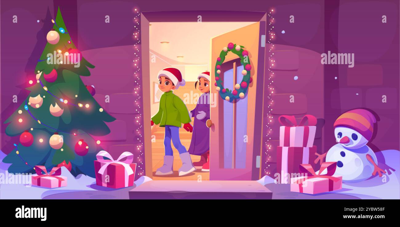 Children on house porch on Christmas eve. Vector cartoon illustration ...