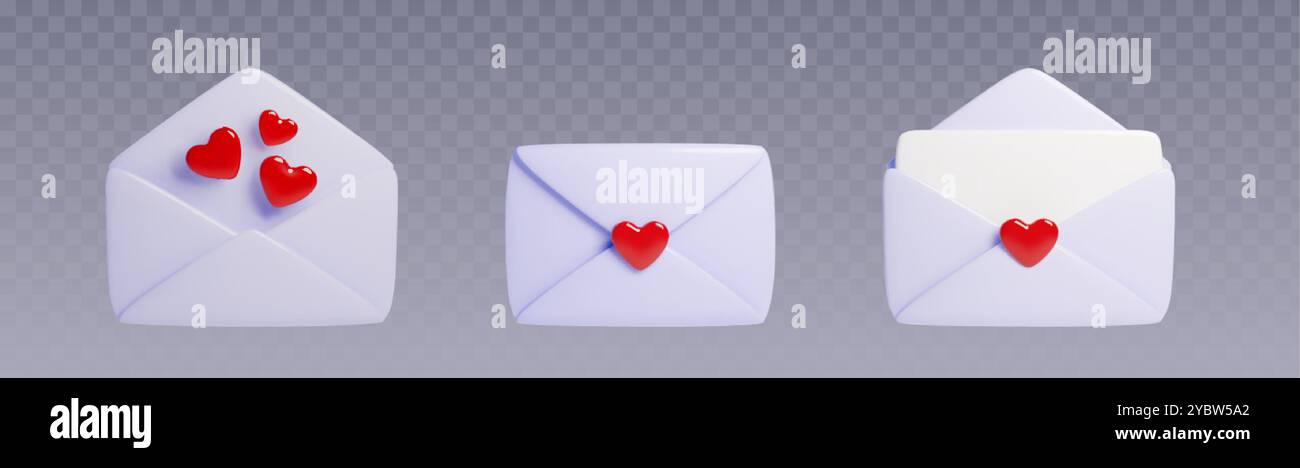 3d love letter set for St Valentine day. Cartoon realistic vector ...