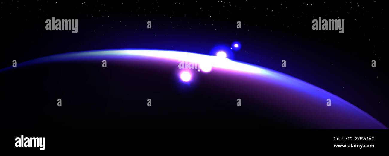 Purple planet and sun eclipse light on space horizon bg. Abstract blue ...