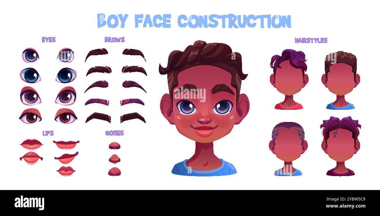 African boy face construction set isolated on white background. Vector ...