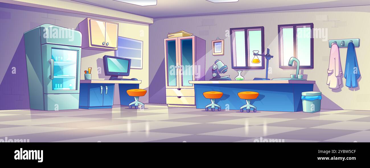 Science laboratory interior with chemical equipment and tools. Cartoon ...