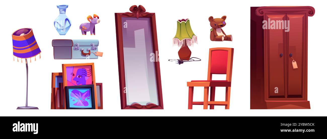 Antique shop goods set isolated on white background. Vector cartoon ...